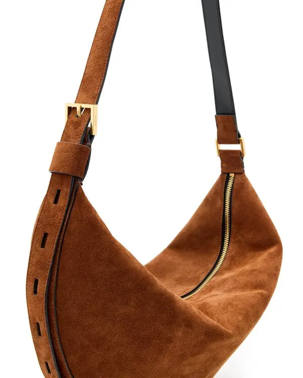 ALLSAINTS Halfmoon Suede Shoulder Bag - Cognac Brown
