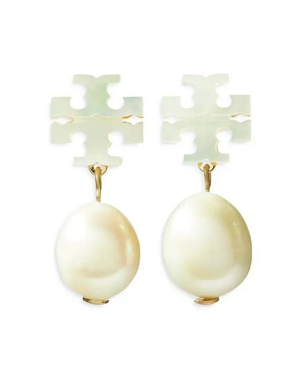 Tory Burch Kira Mother Of Pearl Double T & Cultured Freshwater Pearl Earrings - Gold