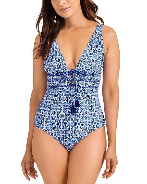 Tommy Bahama Terrazzo Tile Tie Front One Piece Swimsuit - Palace Blue Rev