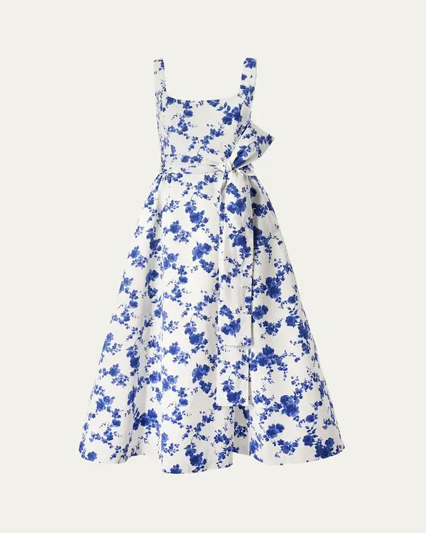 Carolina Herrera Floral Scoop Neck Midi A-Line Dress White Multi