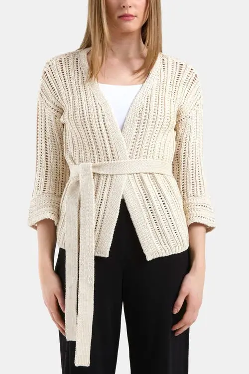 CAPSULE 121 Open-knit Cardigan With Self-tie Belt - Cream