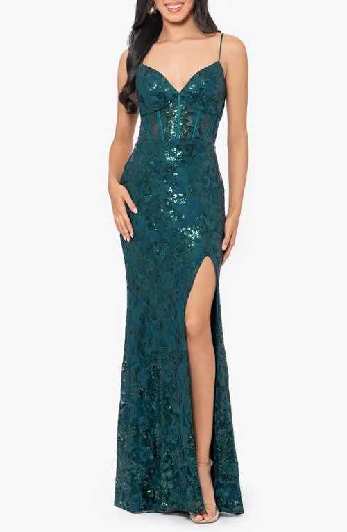 BLONDIE NITES Sequin Tapestry Sheath Gown - Hunter