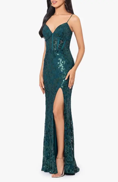 BLONDIE NITES Sequin Tapestry Sheath Gown - Hunter
