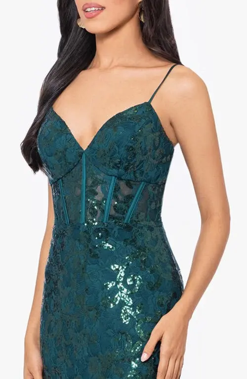 BLONDIE NITES Sequin Tapestry Sheath Gown - Hunter