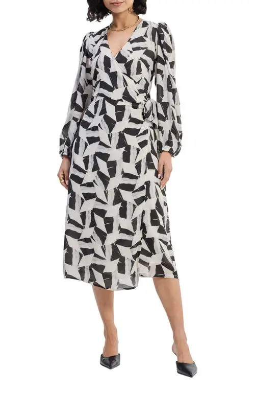 REISTOR Abstract Mosaic Midi Wrap Dress With Puff Sleeves