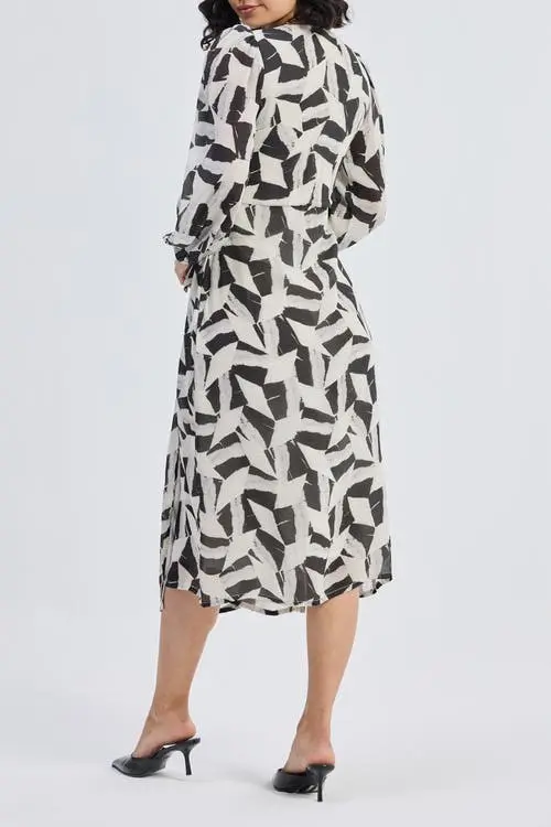 REISTOR Abstract Mosaic Midi Wrap Dress With Puff Sleeves