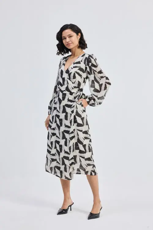 REISTOR Abstract Mosaic Midi Wrap Dress With Puff Sleeves