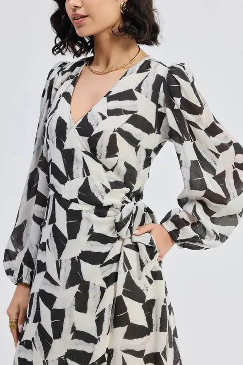 REISTOR Abstract Mosaic Midi Wrap Dress With Puff Sleeves