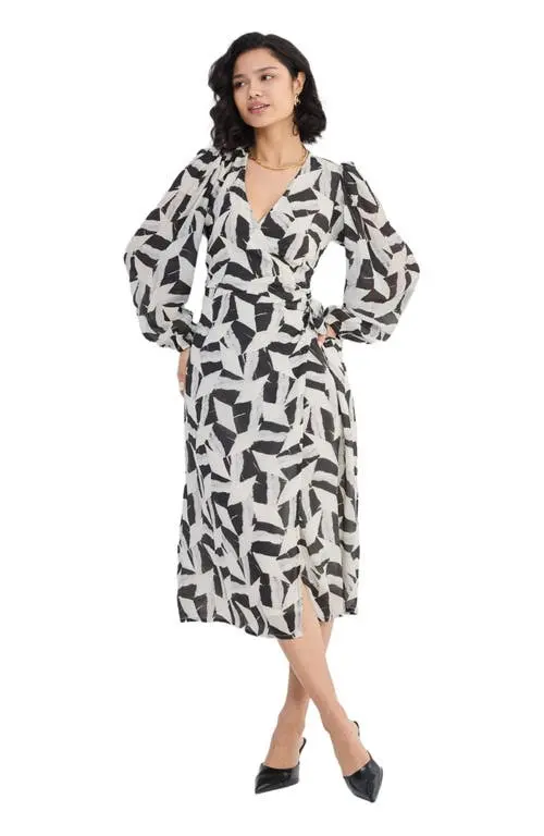 REISTOR Abstract Mosaic Midi Wrap Dress With Puff Sleeves