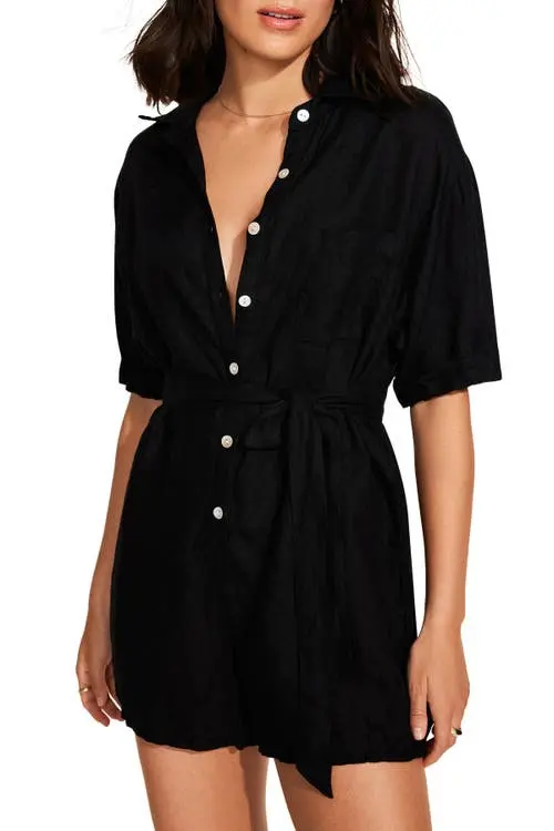 Vitamin A® Playa Linen Cover-up Romper - Black