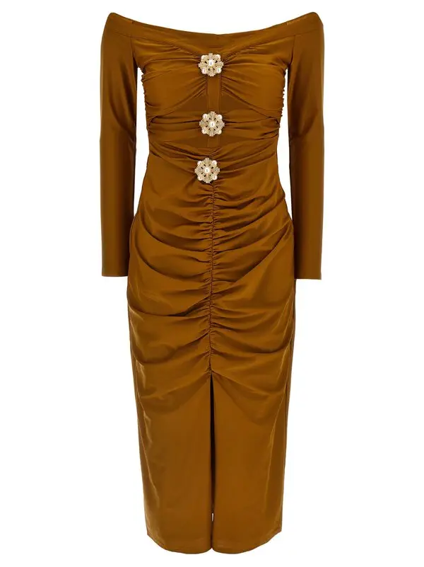brown off shoulder midi dress Can't Help It Mesh Off-The-Shoulder Midi Dress main image 0