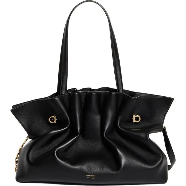 FERRAGAMO Gancio Piercing Soft Leather Shoulder Bag - Nero