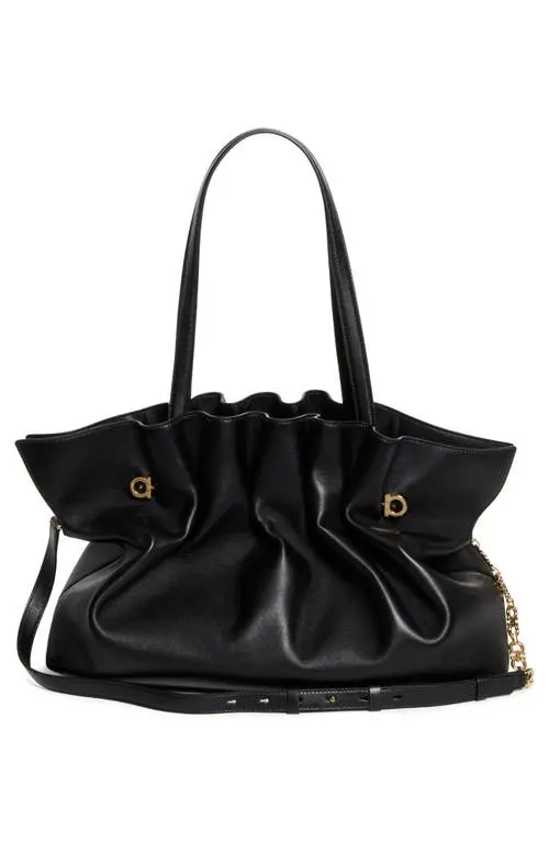 FERRAGAMO Gancio Piercing Soft Leather Shoulder Bag - Nero