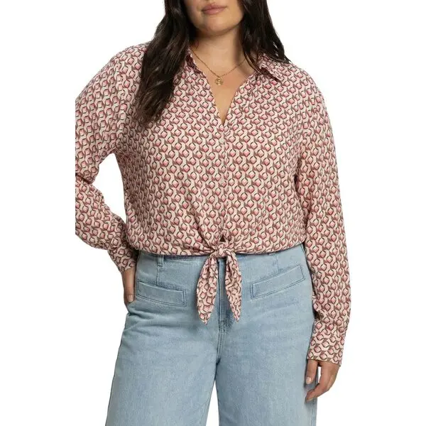 Sanctuary Lover Print Tie Hem Crop Sateen Shirt - Petal Grid Pink