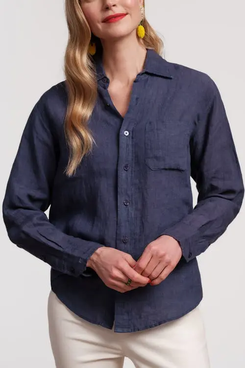 FRANCES VALENTINE Linen Button-down Shirt - Navy