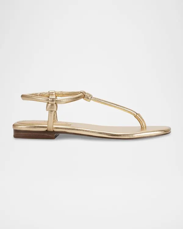 Marc Fisher Maycee Tubular Leather T-strap Flat Sandals - Gold