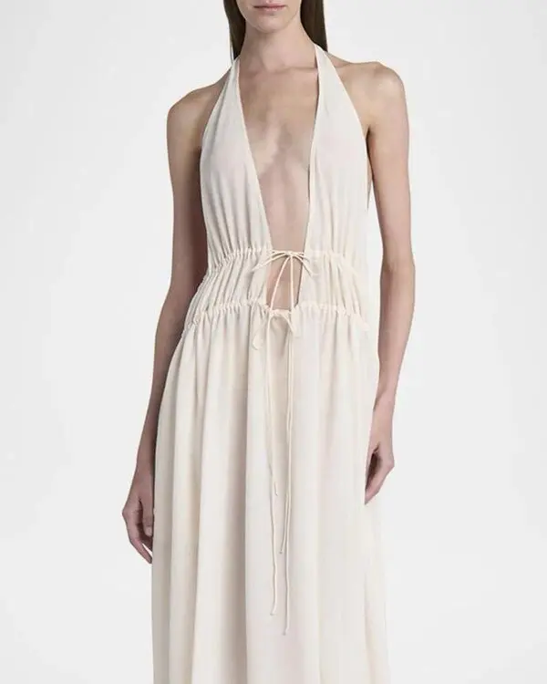 Stella McCartney Plunging Tie Halter Crepe De Chine Maxi Dress