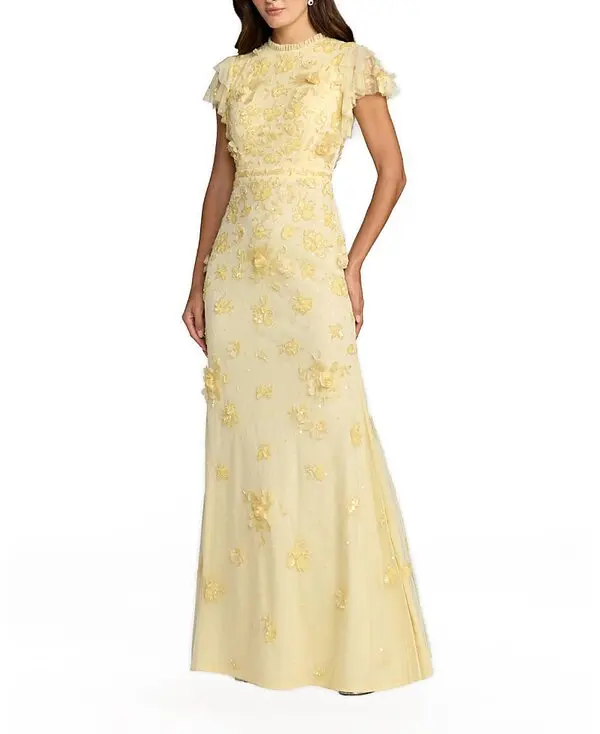 Mac Duggal Floral Embellished High Neck Gown - Butter