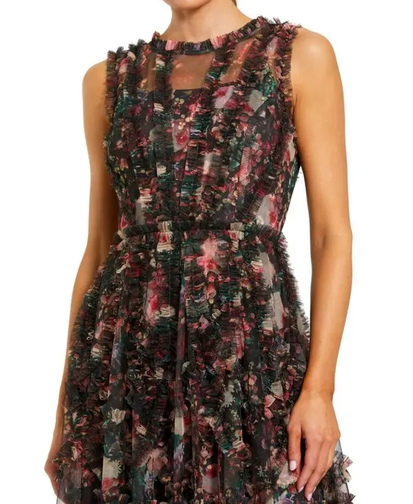 Mac Duggal Mesh Micro Ruffle High Neck Mini Dress - Black Multi