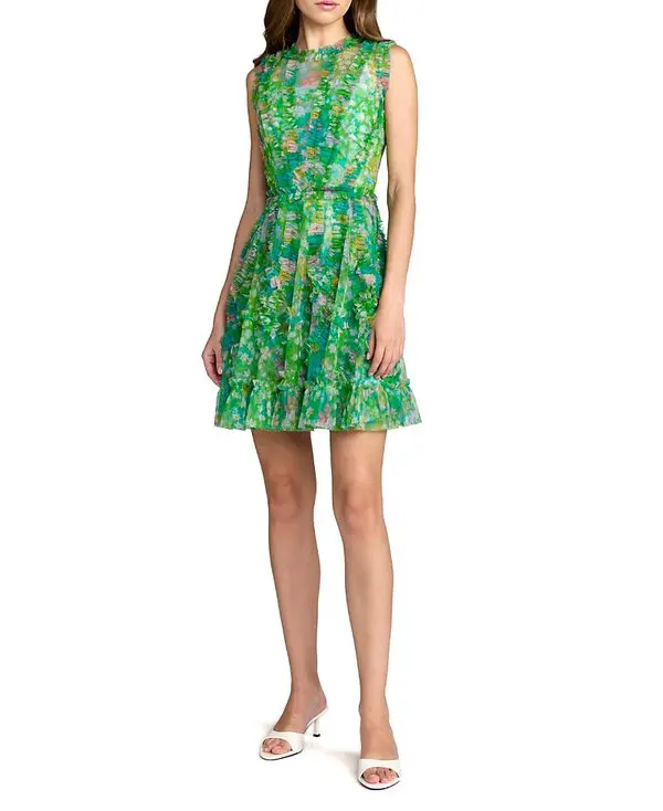 Mac Duggal Mesh Micro Ruffle High Neck Mini Dress - Green Multi