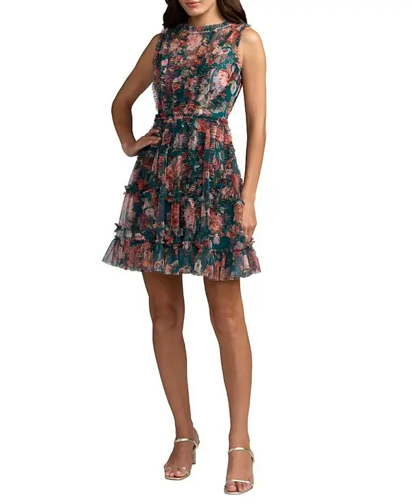 Mac Duggal Mesh Micro Ruffle High Neck Mini Dress - Teal Multi