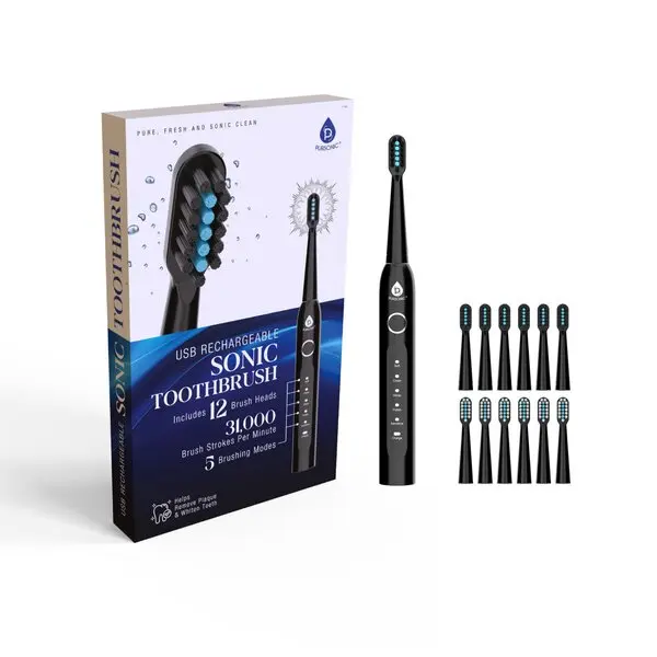 PURSONIC Usb Rechargeable Electric Toothbrush With 12 Brush Heads - Black