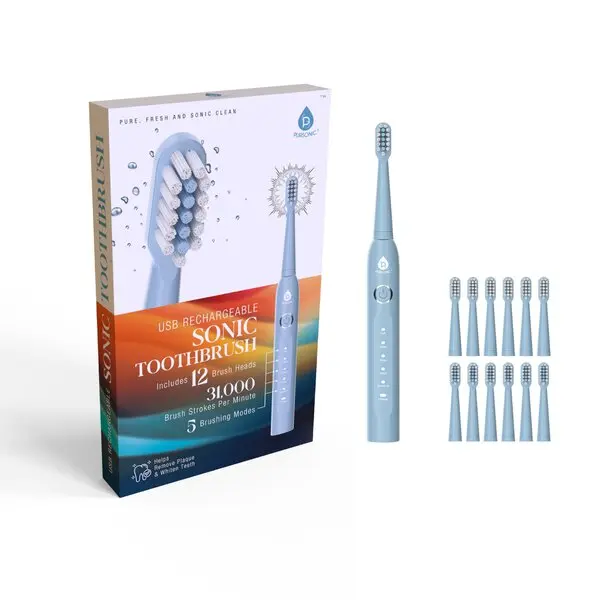 PURSONIC Usb Rechargeable Electric Toothbrush With 12 Brush Heads - Blue