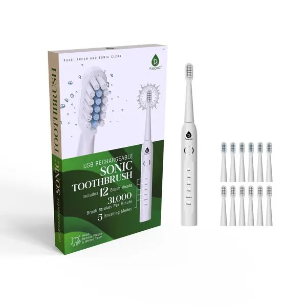 PURSONIC Usb Rechargeable Electric Toothbrush With 12 Brush Heads - White