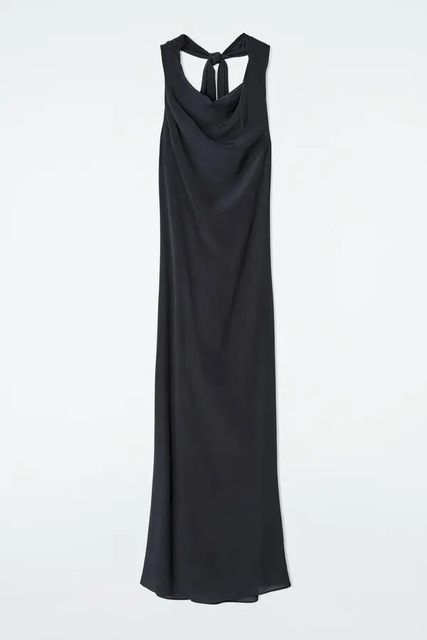 Cos Cowl-neck Maxi Dress With Open Back And Ties - Navy