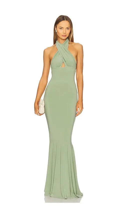 Norma Kamali Cross Halter Fishtail Gown - Green