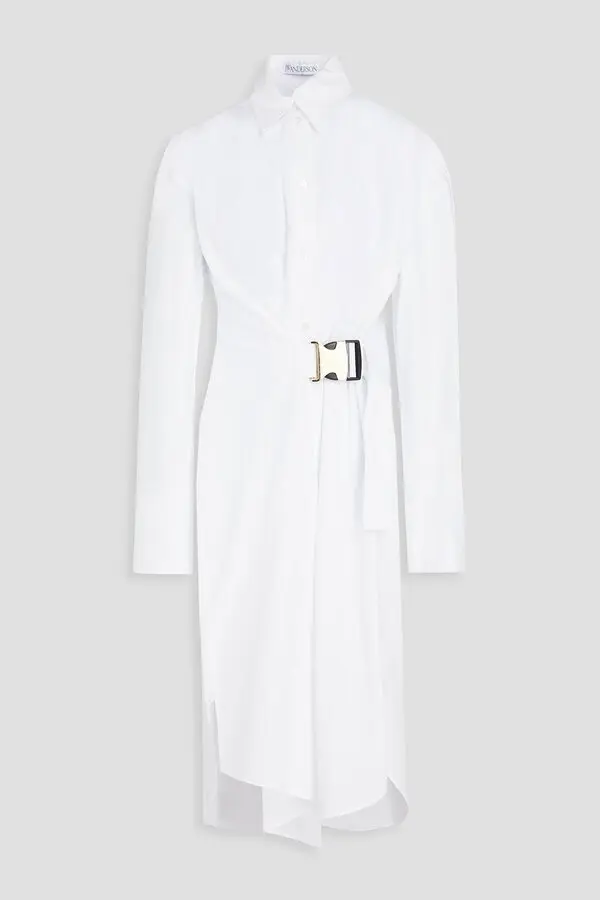 JW Anderson Buckled Cotton-poplin Midi Shirt Dress - White