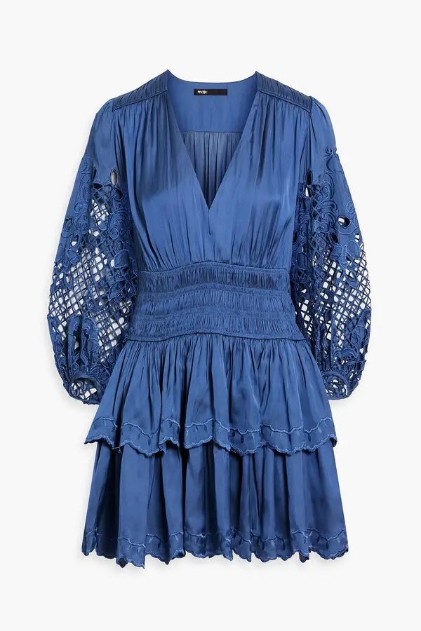 Maje Guipure Lacepaneled Satin Mini Dress In Blue - 60% Off