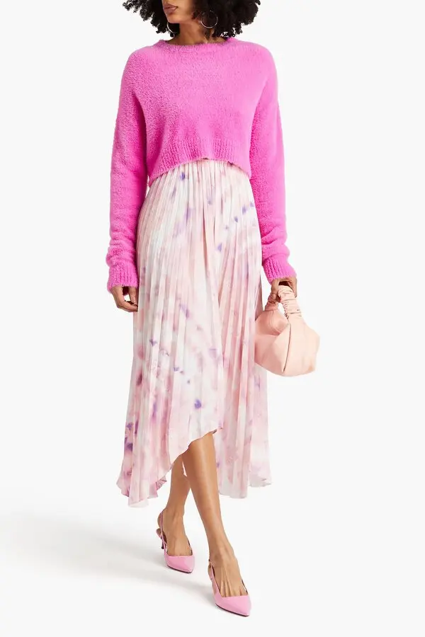 Maje Asymmetric Pleated Printed Midi Skirt