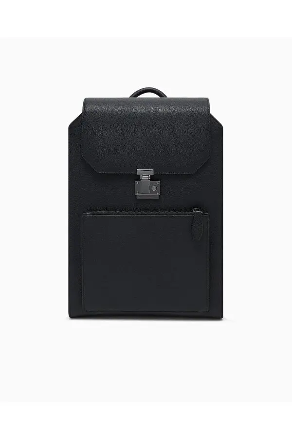 Emporio Armani Tumbled-leather Backpack With Flap And Laptop Compartment - Black