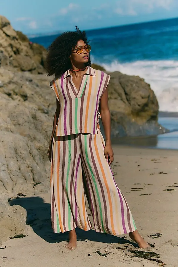 Free People Striped Collared V-neck Top And Wide-leg Pants Set - Sherbert Combo