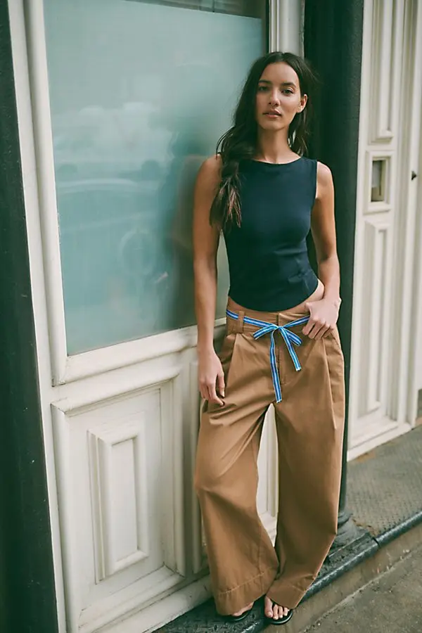 Free People Wide-leg Trousers With Buckle Detail - Tobacco Brown