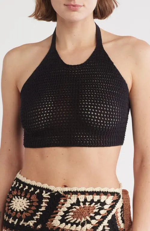 Elan Open Stitch Halter Crop Cover-up Top - Black