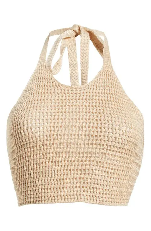 Elan Open Stitch Halter Crop Cover-up Top - Natural