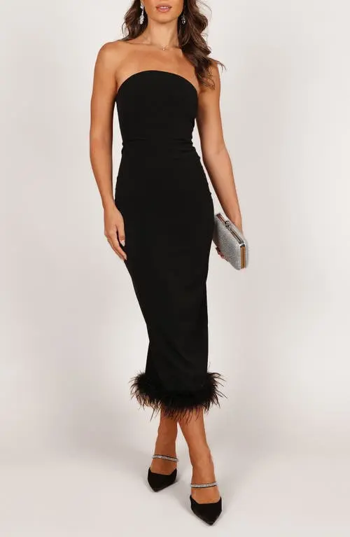 PETAL & PUP Clara Feather Trim Strapless Midi Dress