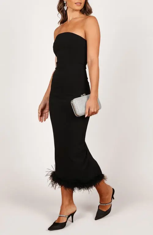 PETAL & PUP Clara Feather Trim Strapless Midi Dress