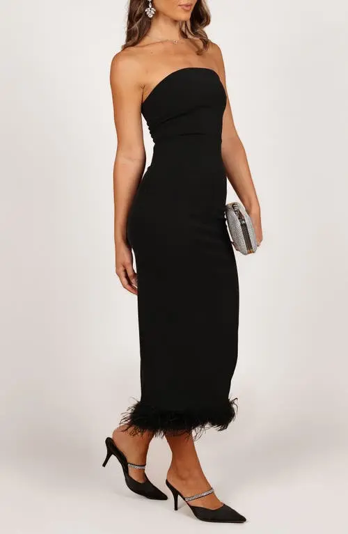 PETAL & PUP Clara Feather Trim Strapless Midi Dress