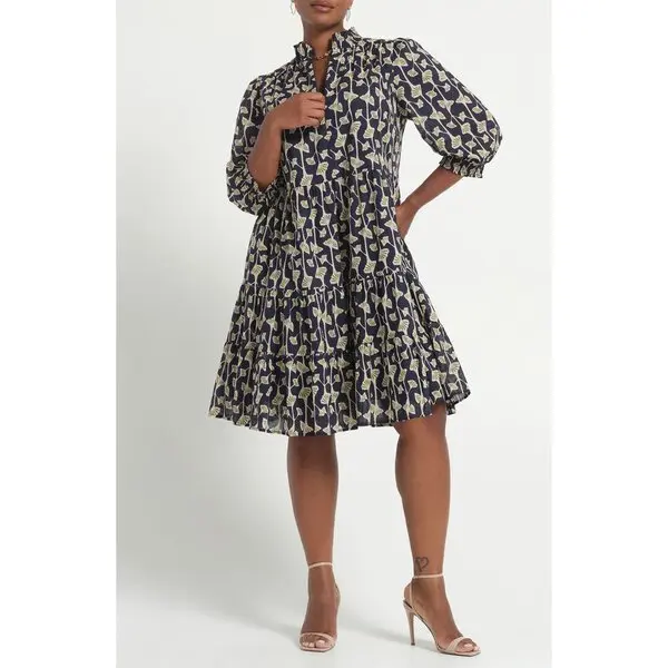 ESTELLE Sea Lily Tiered Cotton Dress - Navy/fern
