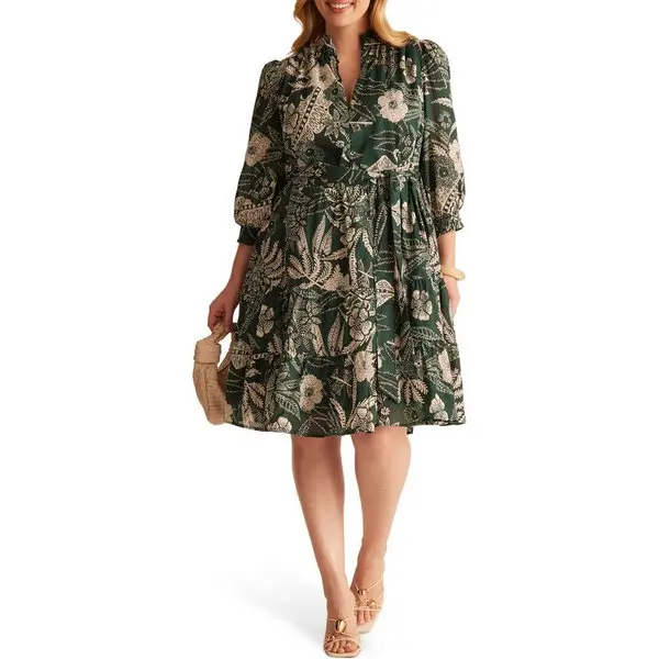 ESTELLE Sea Lily Tiered Cotton Dress - Teal/cream