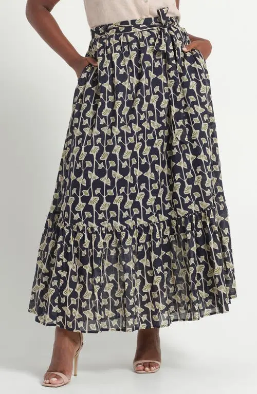 ESTELLE Sea Lily Belted Tiered Cotton Maxi Skirt