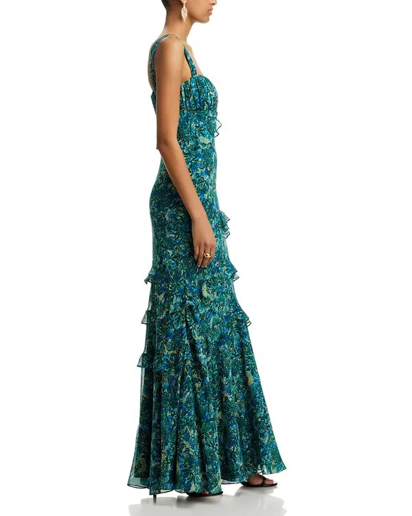 Saloni Chandra Silk Ruffled Dress In Python Flower Emerald 30