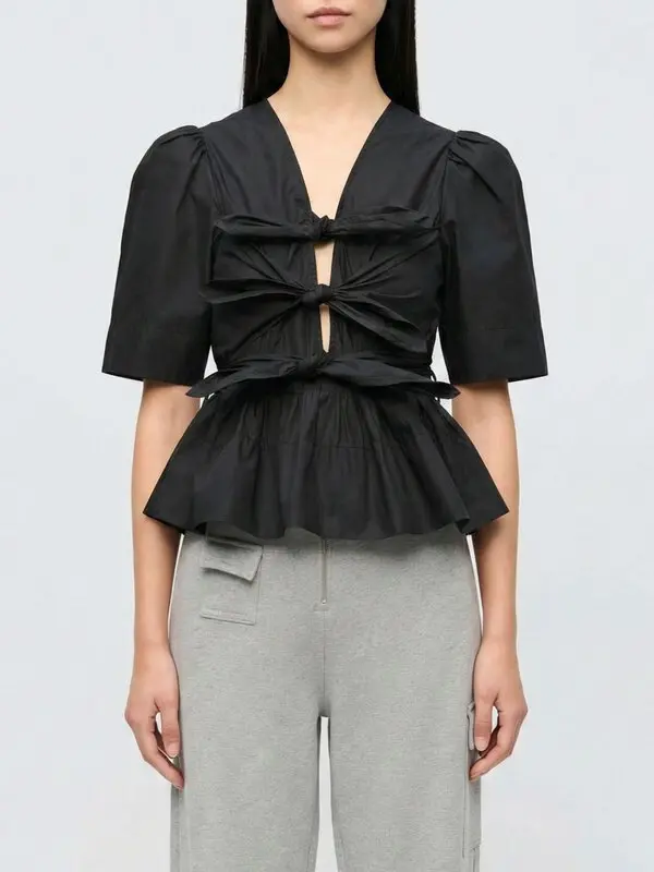 GANNI Bow Detail Peplum Top - Black