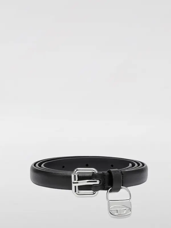 DIESEL® Leather Belt With Silver Tone Logo Charm - Black