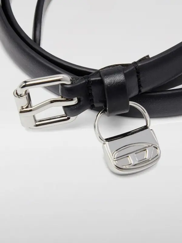 DIESEL® Leather Belt With Silver Tone Logo Charm