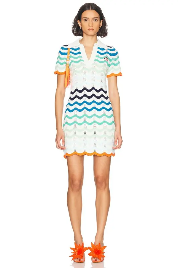 Casablanca Wavy Crochet Dress In Blue - Wave