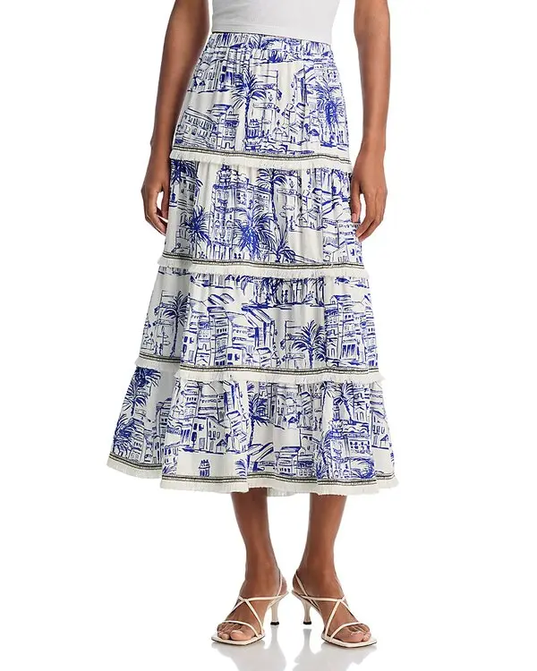 Aqua City Palm Toile Fringe Skirt
